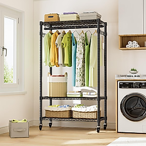 SEMHOR S3-M Portable Closets Rolling Clothes Rack 3 Tier Heavy Duty Clothing Rack with 2 Hanging Rod and 2 Side Hooks, Freestanding Adjustable Wardrobe Garment Rack for Bedroom Laundry