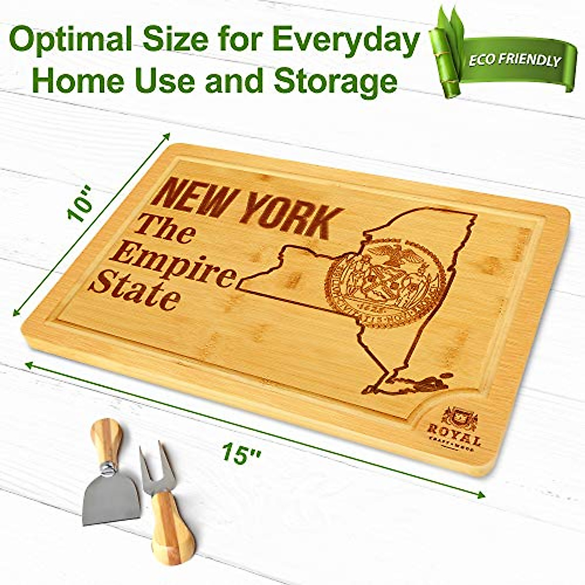 Bamboo State Cutting Board for Kitchen – New York Cheese Board, Charcuterie Platter & Serving Tray, (15" x 10")