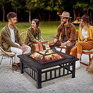 32 Inch Fire Pit Table for Outside Heavy Duty 3 in 1 Metal Square Firepit Table with Spark Screen Cover Log Grate and Poker for Outside Wood Burning and BBQ Drink Cooling