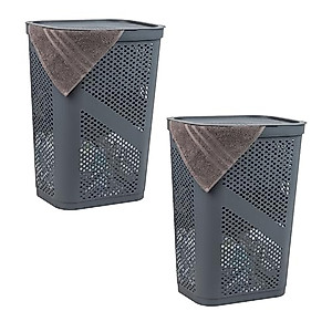 Mind Reader 60L Slim Laundry Hamper, Clothes Basket, Lid, Ventilated, Plastic, 17.25"L x 13.75"W x 23.5"H, Set of 2, Gray