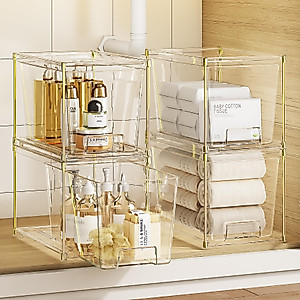 4Pack Large Stackable Kitchen Storage Drawers Multi-purpose under Sink Acrylic Drawers Organizers Clear Drawer Organizers Bins with Handles for Bathroom Kitchen Pantry