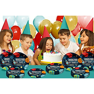 Houston We Have a Three Year Old Space Party Supplies - 32 Piece Space Third Birthday Party Plates - Boys 3rd Birthday Party - Rocket Large 9" Plates In Bulk