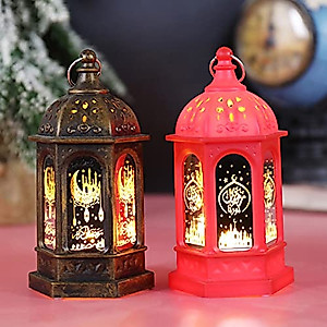 Novobey Ramadan Lantern Decor, Metal Retro Hanging Lantern Battery-Powered LED Eid Mubarak Decorative Night Lights for Ramadan Holiday Garden Yard Wall Decoration (Hexagonal Black)