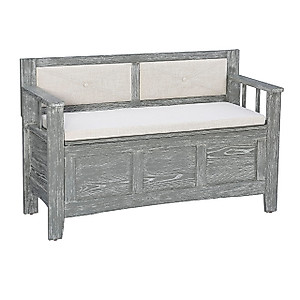 Linon Weathered Grey Carlton Storage Bench with Beige Upholstered Back and Cushioned Seat