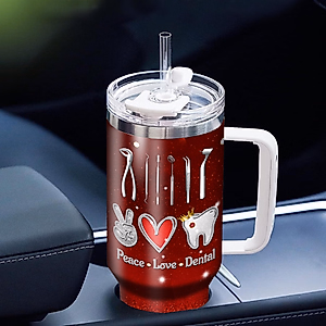 WAZONE Personalized Dentist 40oz Tumbler with Handle and Straw Lid Custom Name Insulated Travel Mugs Stainless Steel Peace Love Dental Leopard Gifts for Women Student Medical Oral Hygienists