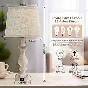 Drawealth Farmhouse Bedside Table Lamp with USB Charging Ports Traditional Bedroom Lamps for Nightstand Set of 2 White Table Lamp for Living Room Study Room Washed Finish, Bulbs Not Included