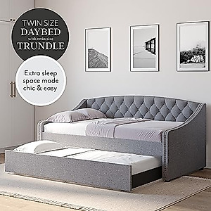 DG Casa SUVA Traditional Upholstered Daybed with Trundle Platform Bed Frame with Diamond Button Tufting Nailhead Trim and Full Wooden Slats, Box Spring not Required - Twin Size Day Bed in Gray Fabric