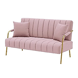 Velvet Upholstery Loveseat Tufted Futon Sofa,Australian Cashmere Fabric Accent 2-Seat Sofá Couch with Metal Legs&Throw Pillows for Living Room/Bedroom/Apartment/Office/Studio/Compact Space