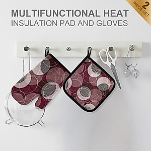 Poeticcity Retro Rings Maroon Grey Fuchsia Circles Oven Mitts Pot Holders Sets, Potholder Hot Pads Heat Resistant Kitchen Oven Gloves for Cooking Baking Grilling Barbecue