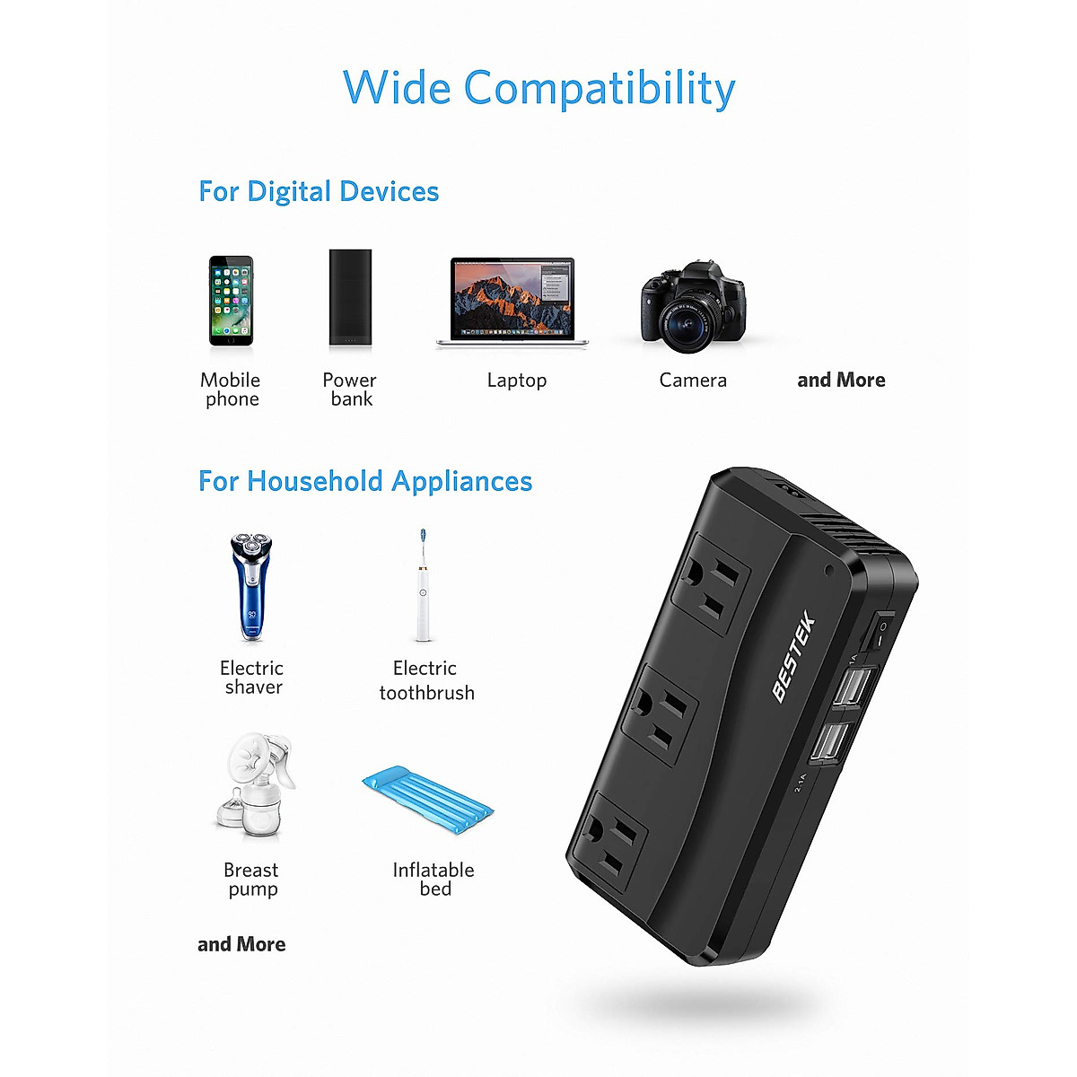 BESTEK 200W Power Inverter DC 12V to 110V AC Inverter with 4.2A 4-Port USB Car Adapter (Black)