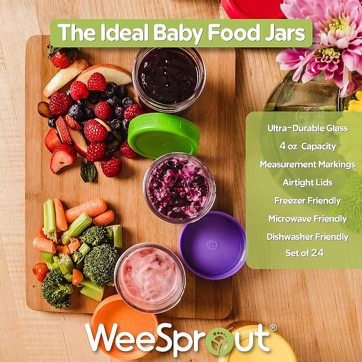 WeeSprout Baby Food Storage Glass Jars w/Lids (4 oz, 24 Pack) Matte Variety, Snack, Reusable Small Containers, Fridge or Freezer, Microwave & Dishwasher Safe, Essentials for Infants