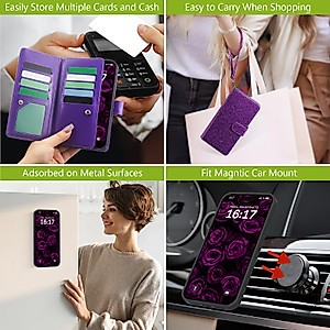 Varikke for iPhone 13 Wallet Case Detachable with Card Holder for Women, Fashion Glitter PU Leather Wrist Strap Strong Magnetic Flip Wallet Removable Phone Case Cover for iPhone 13 6.1", Dark Purple