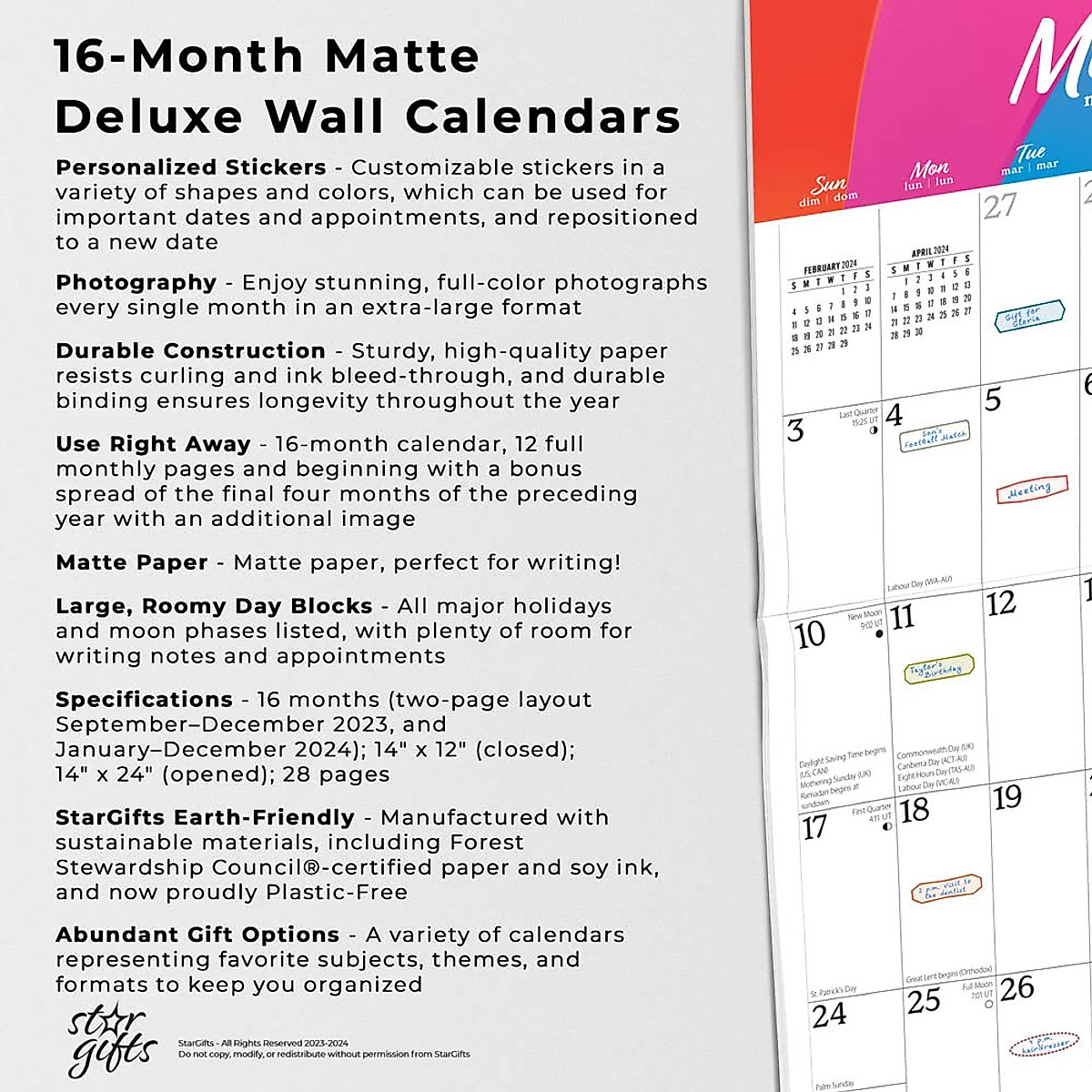 Big & Bright Large Print | 2024 14 x 24 Inch Monthly Deluxe Wall Calendar | Matte Paper and Sticker Sheet | StarGifts | Easy to See Large Font