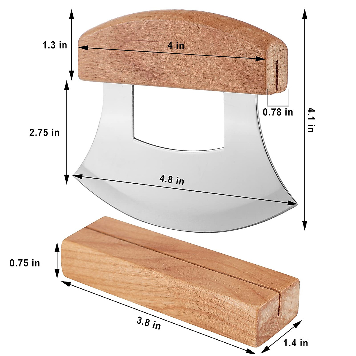Hanaive 2 Pack 4 x 5 inch Mezzaluna Ulu Knife Salad Veggies Rocker Chopper Slicer Cutter Mezzaluna Knife with Wooden Display Stand for Kitchen Cutting Chopping Knives Chef Cleaver