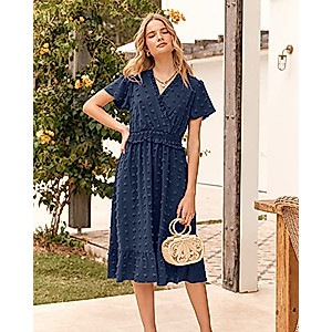 BTFBM Women's Summer Elegant Short Sleeve V Neck Swiss Dot Midi Dresses Cute Boho High Waist Long Dresses A-Line Ruffle Dress（Solid Navy,Large