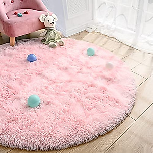 Merelax Pink Round Rug for Girls Room, 4'x4' Fluffy Circle Rugs for Teen Girls Princess Castle Cute Nursery Rug for Kids Room, Furry Shaggy Rug for Dorm Bedroom, Fuzzy Plush Circular Carpet for Baby