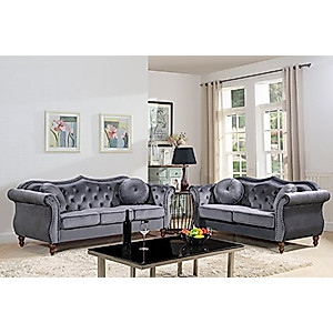 Container Furniture Direct Anna1 Velvet Upholstered Classic Nailhead Chesterfield Living Room, Sofa, Standard Gray