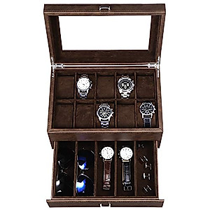 BEWISHOME Watch Box Luxury Watch Case -10 Slots Watch Organizer for Men with Drawer, Large Glass Top, Faux Leather,Brown SSH34Z