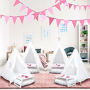 Windyun 4 Pack Kids Teepee Tent Bulk with Light String & Inflatable Airbed & Bedding Fitted Sheet, Natural Cotton Toddler Play Tent Washable Foldable Tent for Girls Boys Indoor Outdoor (White)