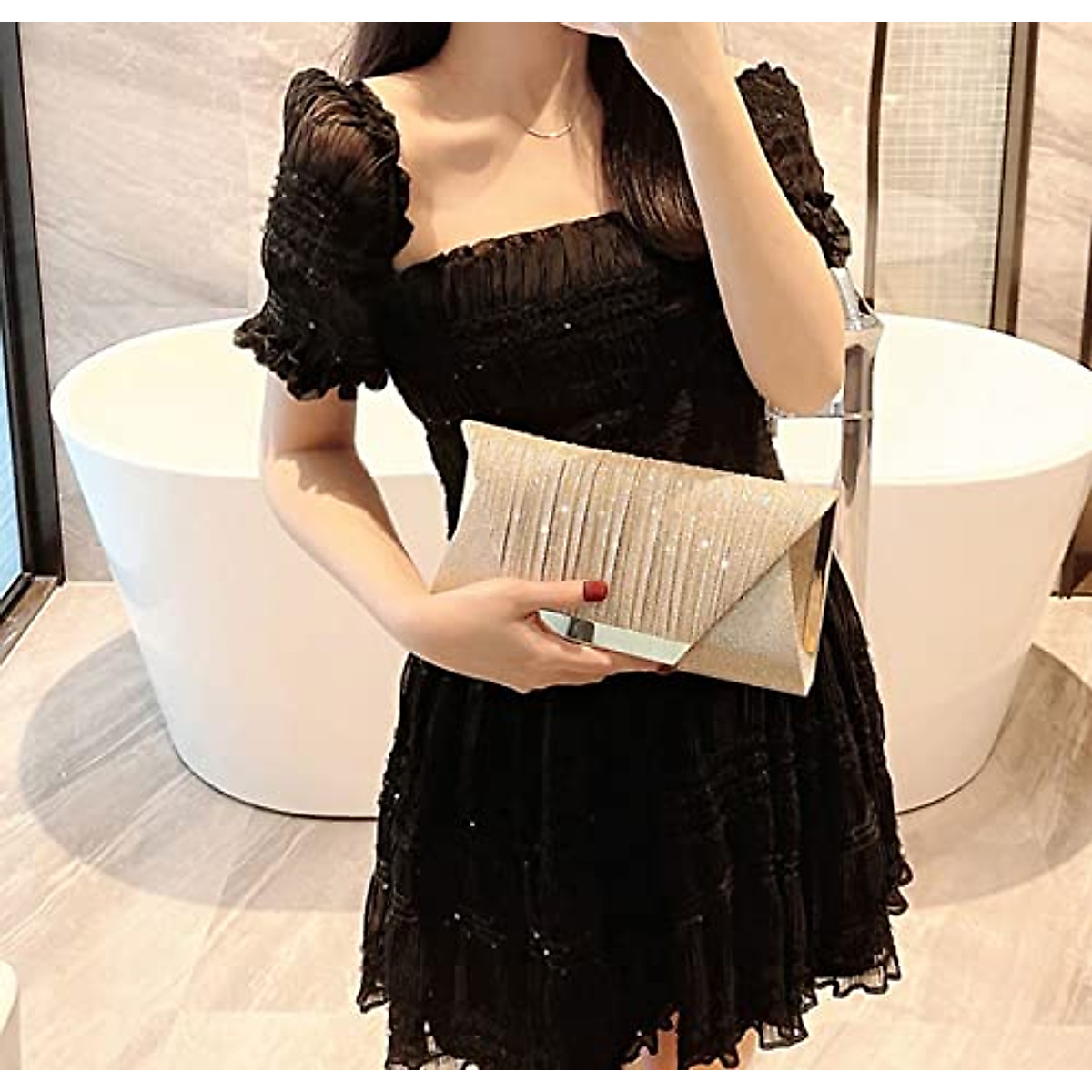 VINMEN Evening Bags Purses For Wedding Glitter Clutch for Women Dressy Clutches with Shoulder Chain (Gold)