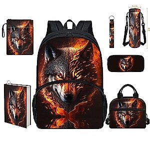 ZOCANIA Wolf Backpack for Boys Girls Fire Backpack 7Pcs Kids Back To School Backpack Sets with Lunch Box Pencil Case Water Bottle Bag Book Cover Key Chain Wrist Lanyard Book Bag