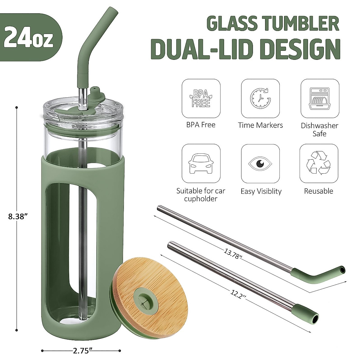 Kodrine 24oz glass tumbler with straw and lid,Iced coffee cup, Leak-proof Lid and Straw,Smoothie Cup With Bamboo Lid,Fit in Cup Holder, BPA Free, Dishwasher Safe (1, Olive)