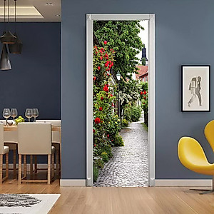 A.Monamour 3D Door Stickers for Interior Doors Blooming Flowers in Garden Patio Narrow Alley Botanical Theme Vinyl Waterproof Self Adhesive Door Mural Decals for Bedroom Office Bathroom 85 x 200 cm