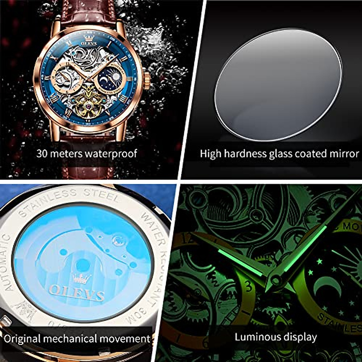 OLEVS Skeleton Watches for Mens Automatic Mechanical Self Winding Tourbillon Leather Strap Luxury Dress Moon Phase Wrist Watches Waterproof Luminous