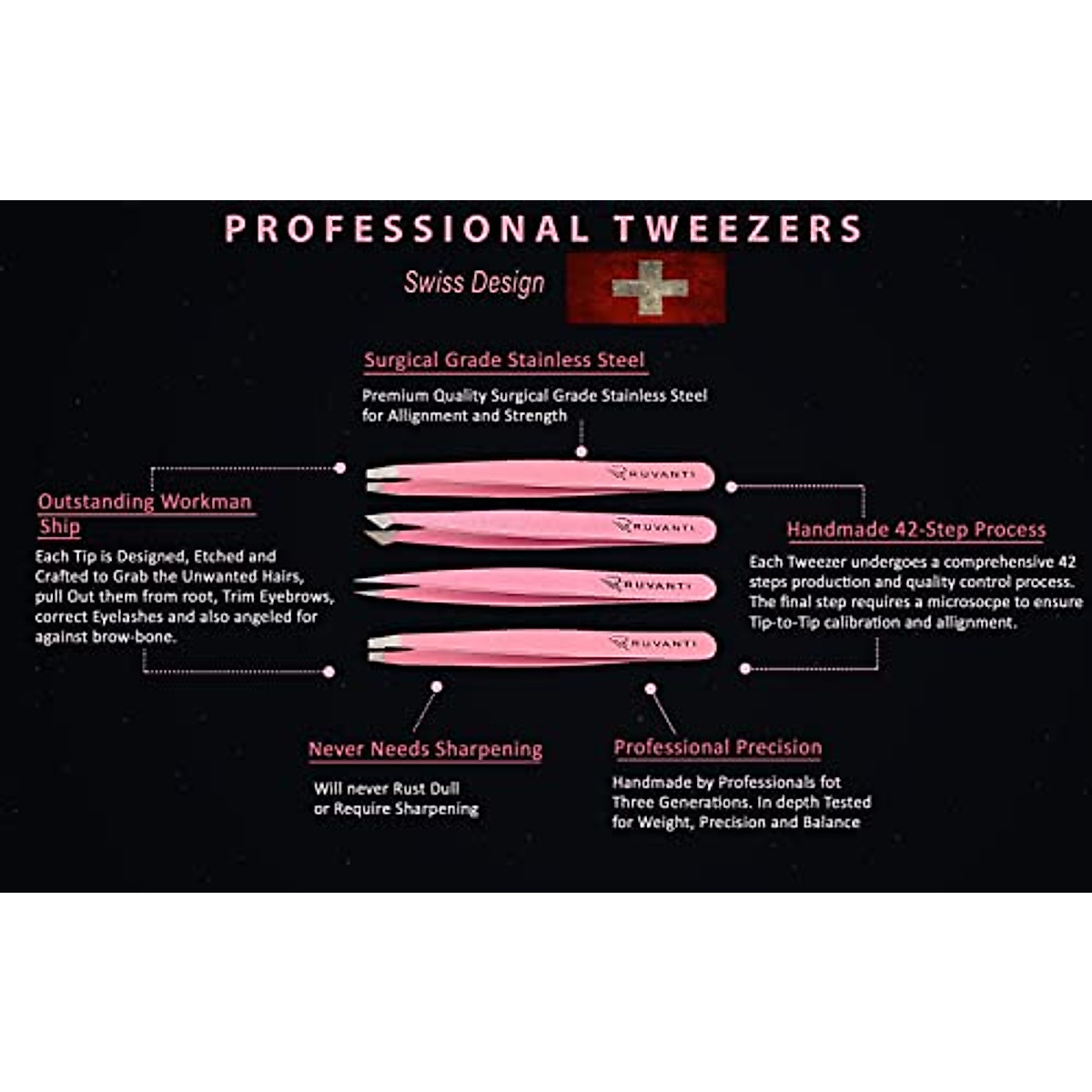 Ruvanti Tweezers 4 Pieces Set for Men/Women - Best for Plucking Eyebrow Facial & Ingrown Hairs, Slant Tip Pointed Straight & Precise - Pink