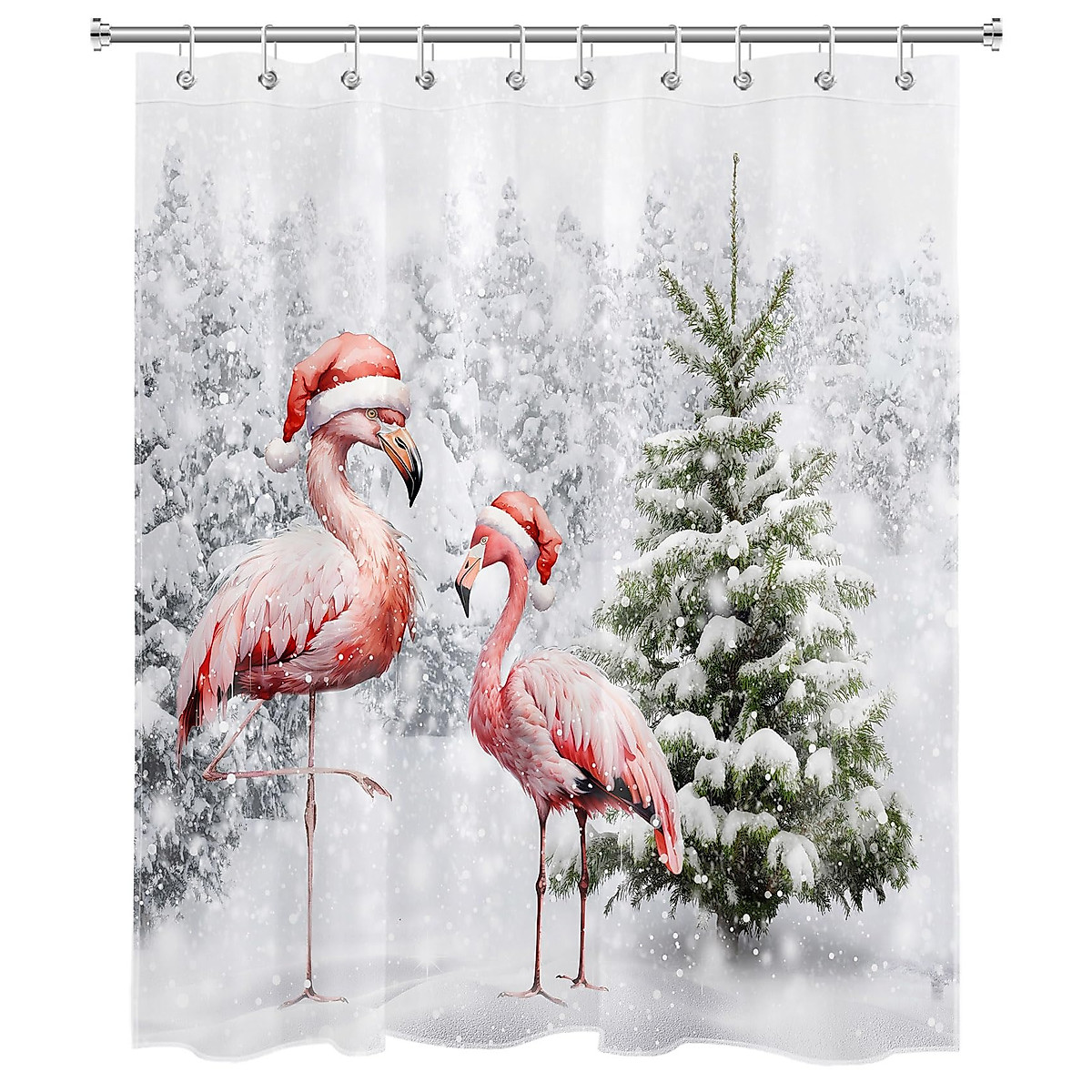 MEUNEAR Christmas Winter Shower Curtain Set Pink Flamingo and Christmas Tree on Snowfield Shower Curtain for Bathroom, Pine Tree Covered with Snow Shower Curtain with Hooks, 72L X 60W inches