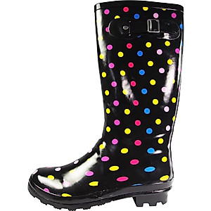 NORTY Women's Hurricane Rain Boots Knee High Calf Length - Glossy Matte Waterproof Rubber Tall Shoes - Multi Color Dot Size 9