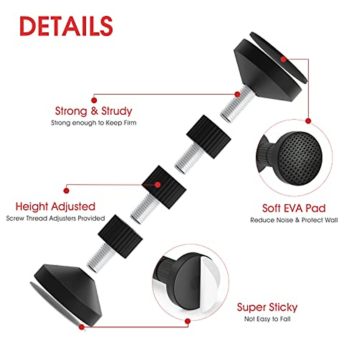 KARINA QURATZ 4pcs Bed Stoppers for Headboard Adjustable Threaded Bed Frame Anti-Shake Tool, Headboard Stoppers, Bedside Anti Shake Tool for Beds Cabinets Sofas(Black,46-120mm)