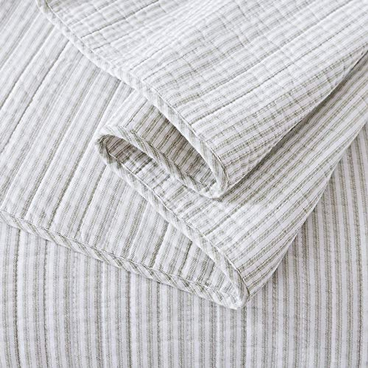 Soul & Lane Cotton King Ticking Stripe Quilt: Gray Striped Quilt, Farmhouse Bedding Coverlet, Greige Comforter and Blanket, Country Pinstripe Coverlet (Shams Sold Separately)