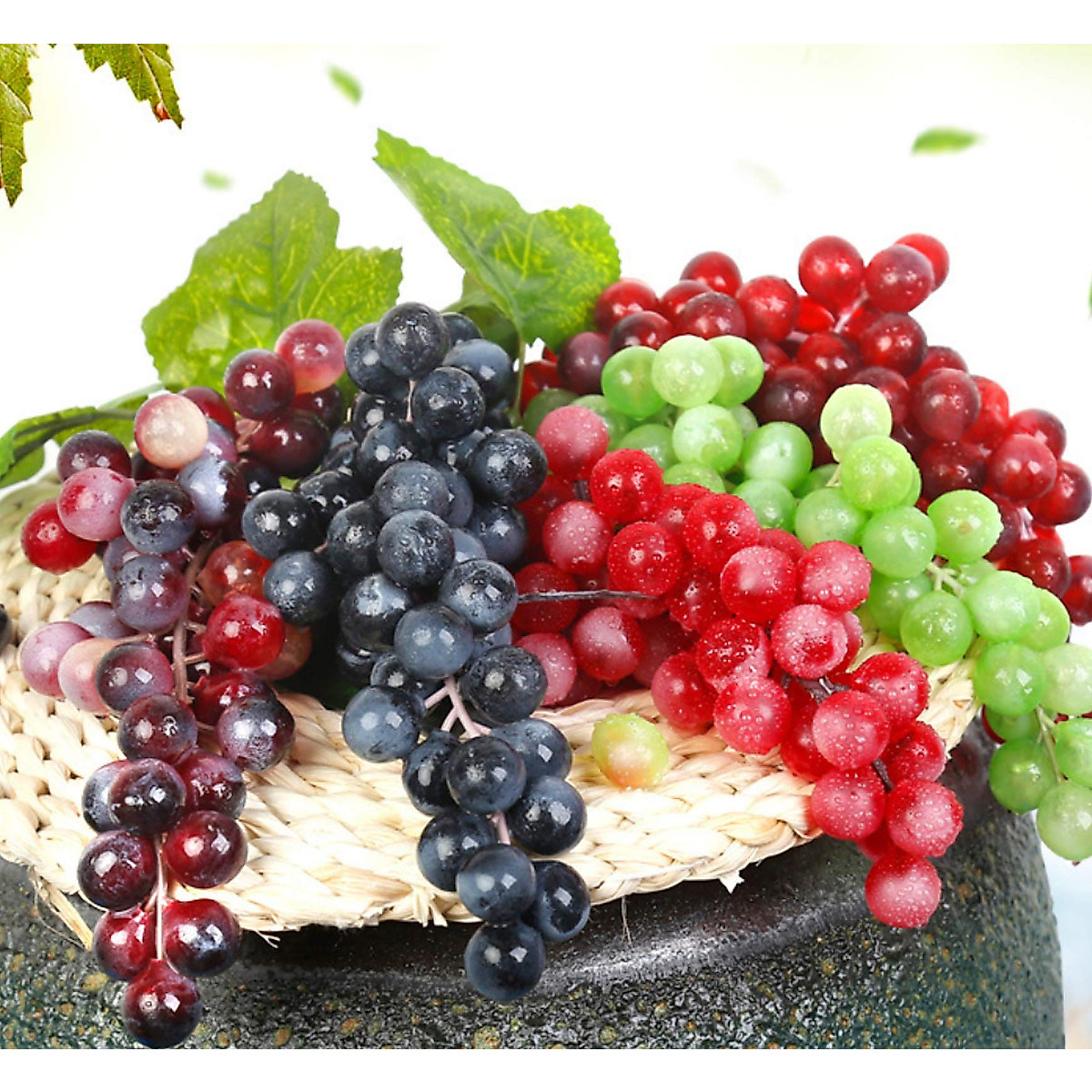 Artificial Grapes, 3 Bunches of Fake Decorative Grapes Simulation Fruit with Artificial Vines Lifelike Leaves Hanging Ornaments for Wedding Home Party Garden Wall Fruit Wine Decor