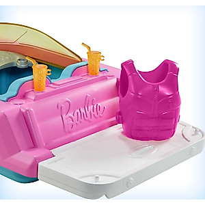 Barbie Toy Boat with Pet Puppy, Life Vest & Beverage Accessories, Fits 3 Dolls & Floats in Water