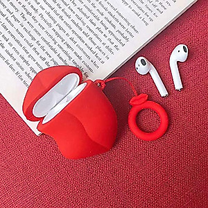 Rertnocnf Compatible with Earbuds Case Airpods 1 & 2, Creative 3D Lips Design Personality Red Lip Portable Accessories Soft Silicone Protective Wireless Earphone Charging Case with Ring Decoration