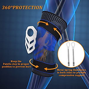 ZJMQJ Knee Compression Sleeve Support, Professional Knee Brace With Patella Gel Pad & Side Spring Stabilizers, Double Adjustt Straps, Medical Grade Knee Protector For Large Blue