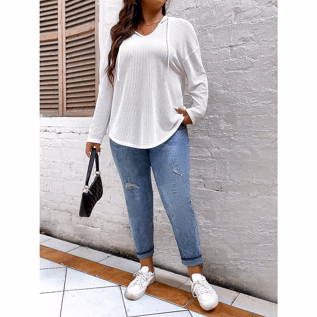 SOLY HUX Women's Plus Size Hoodies Long Sleeve Drawstring Waffle Knit Pullover Sweatshirt Tops Solid White 2XL