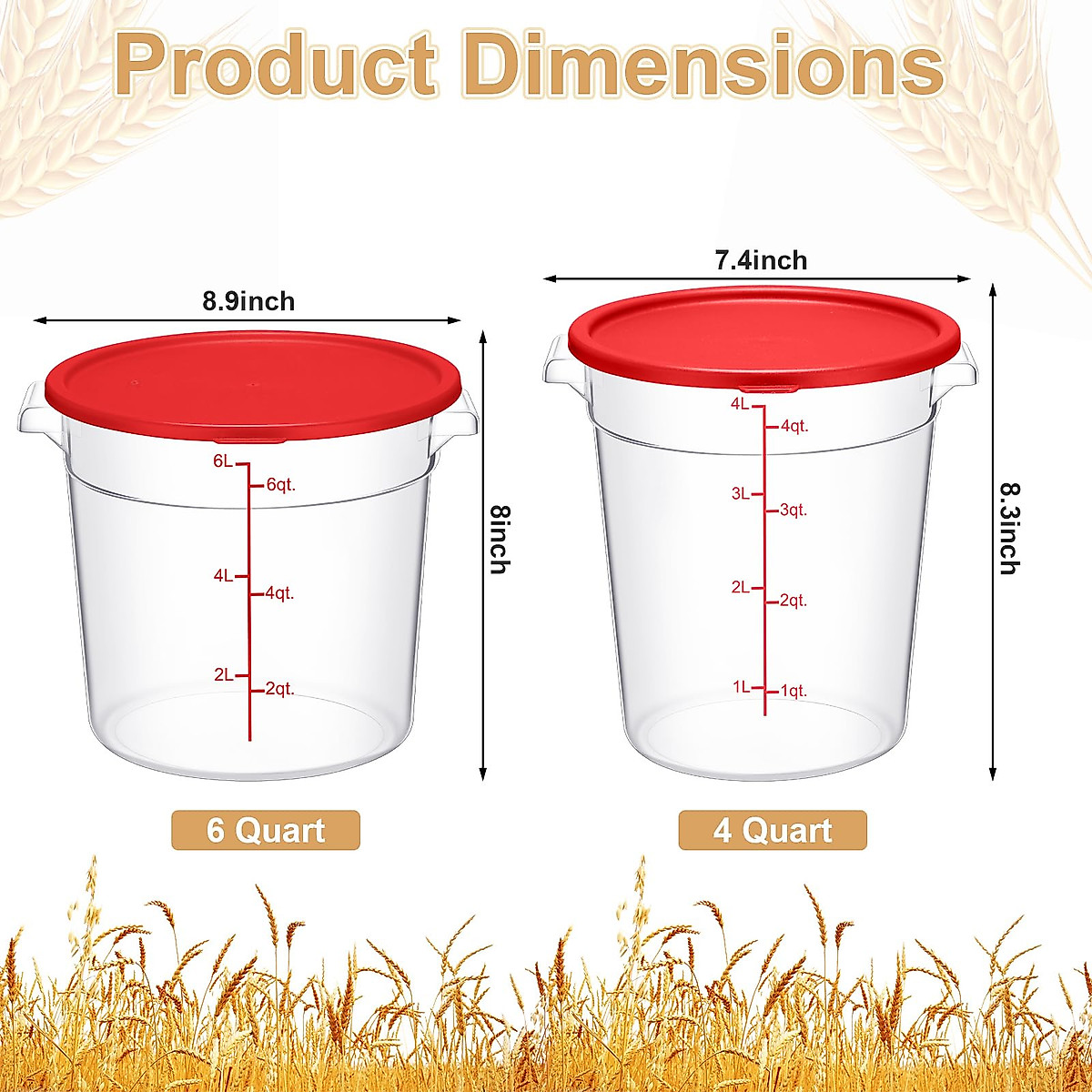 Suclain 4 Set 6 Quart 4 Qt Round Food Storage Containers with Lids Clear Proofing Container for Dough Bread with Scale Handle Home Restaurant Commercial Food Storage(Red)