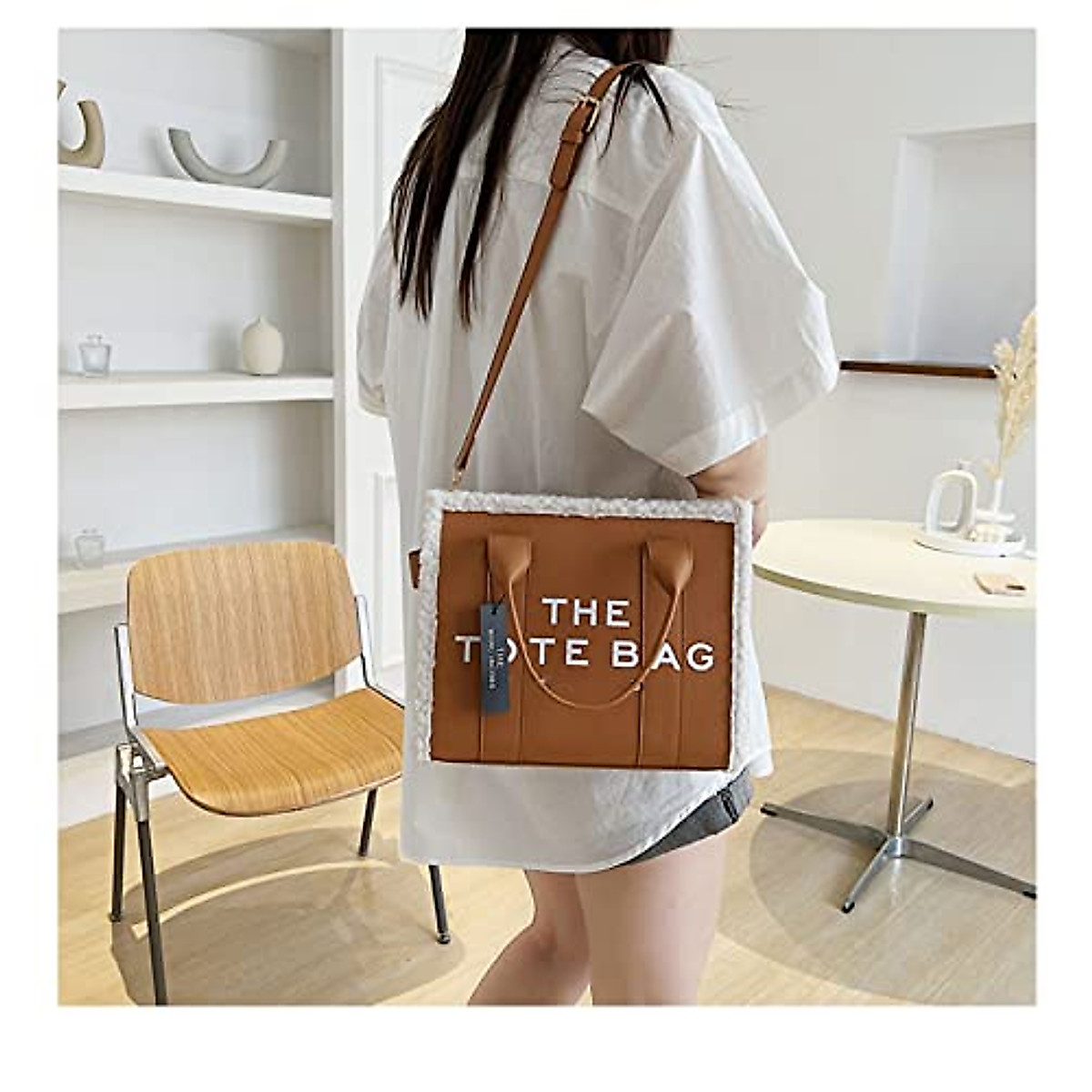 The Tote Bag for Women, Letter Handbag Tote Bag, Lamb Fur + Leather Shoulder/Crossbody Bag, for Office, Travel, School