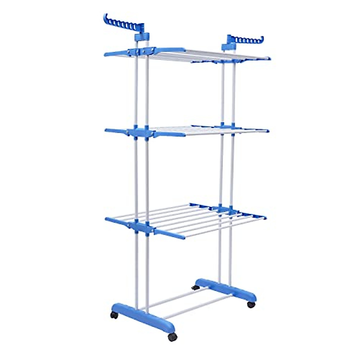 DOONARCES 4-Tier Gray Foldable Clothes Drying Rack Rolling Dryer Hanger Stand Outdoor Washing Line Clothes Dryer Storage Rack with 6 Retractable Trays&2 Side Wings, Bedroom Balcony Use (Blue)