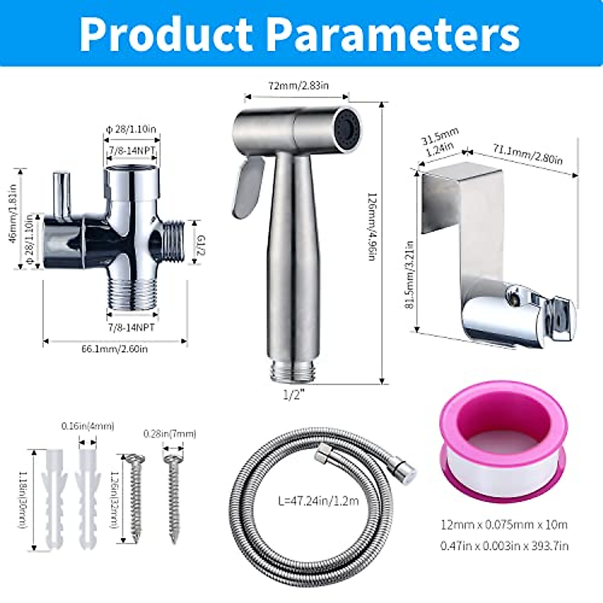 Bidet Sprayer for Toilet,Stainless Steel Handheld Bidet Shattaf Toilet Spray,Baby Cloth Diaper Sprayer Kit, Bathroom Toilet Bidet Attachment Set for Bathing Pets Feminine Hygiene