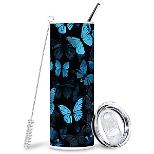 Honeybaby Blue Butterfly Coffee Tumbler 20 oz with Straw & Lid Leak Proof Tumbler Reusable Stainless Steel Tumblers Insulated Water Bottles Gifts for Women Men