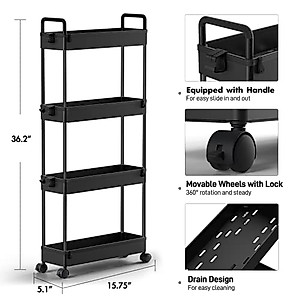 SOLEJAZZ Slim Storage Cart, 4 Tier Bathroom Organizer Mobile Shelving Unit, Rolling Utility Cart Slide Out Organizer for Kitchen, Bathroom, Laundry, Narrow Places, Black