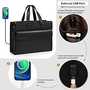 Laptop Bag for Women, Laptop Tote Bag 17 Inch, Waterproof Leather Computer Tote Bag with USB Charging Port, Women Briefcase Business Office Work Bag, Large Capacity Handbag Shoulder Bag Black