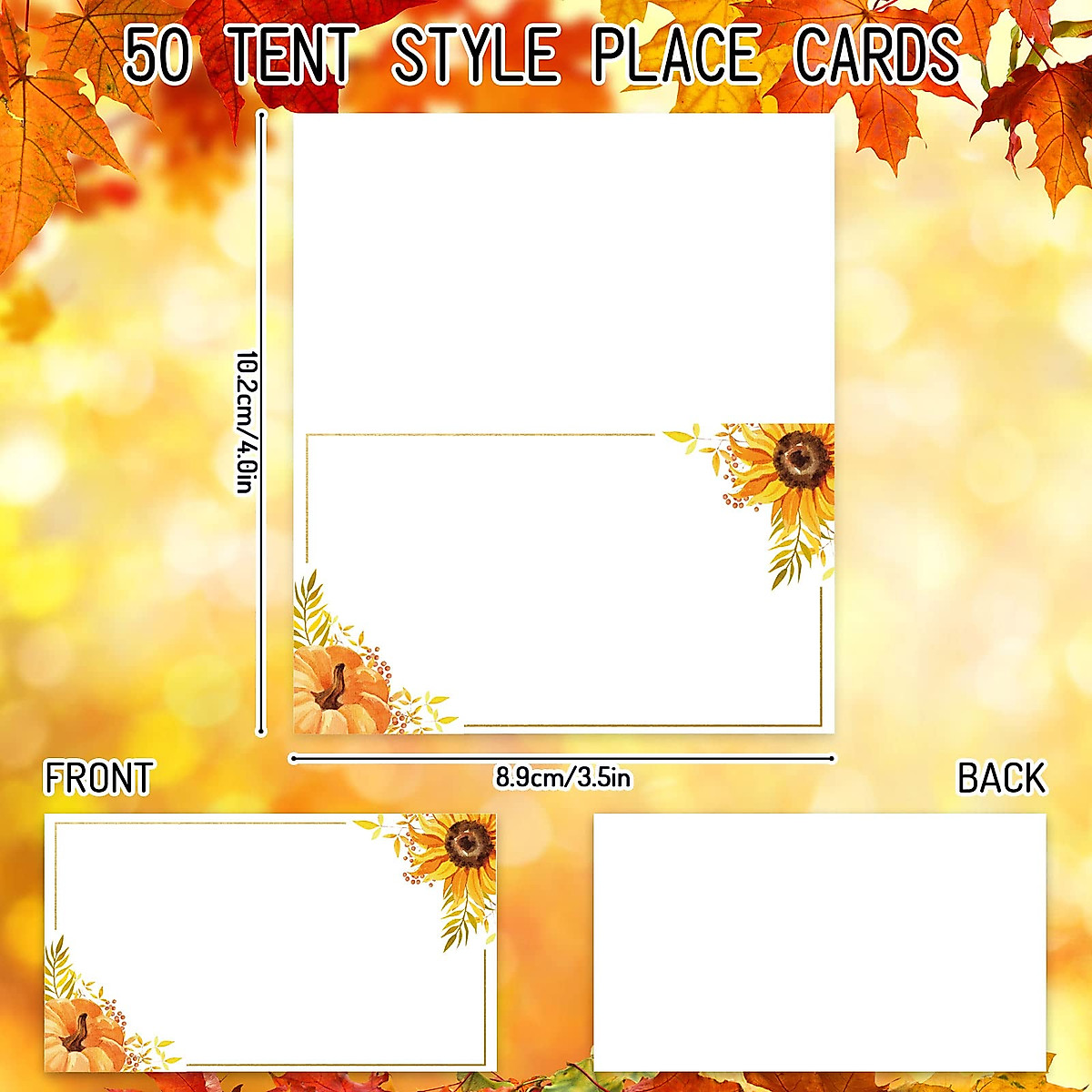Whaline Thanksgiving Place Cards 50Pcs Autumn Fall Table Tent Place Cards Foil Gold Sunflower Pumpkin Seating Name Escort Card Folded Seat Assignment Setting Label for Wedding Baby Shower Party