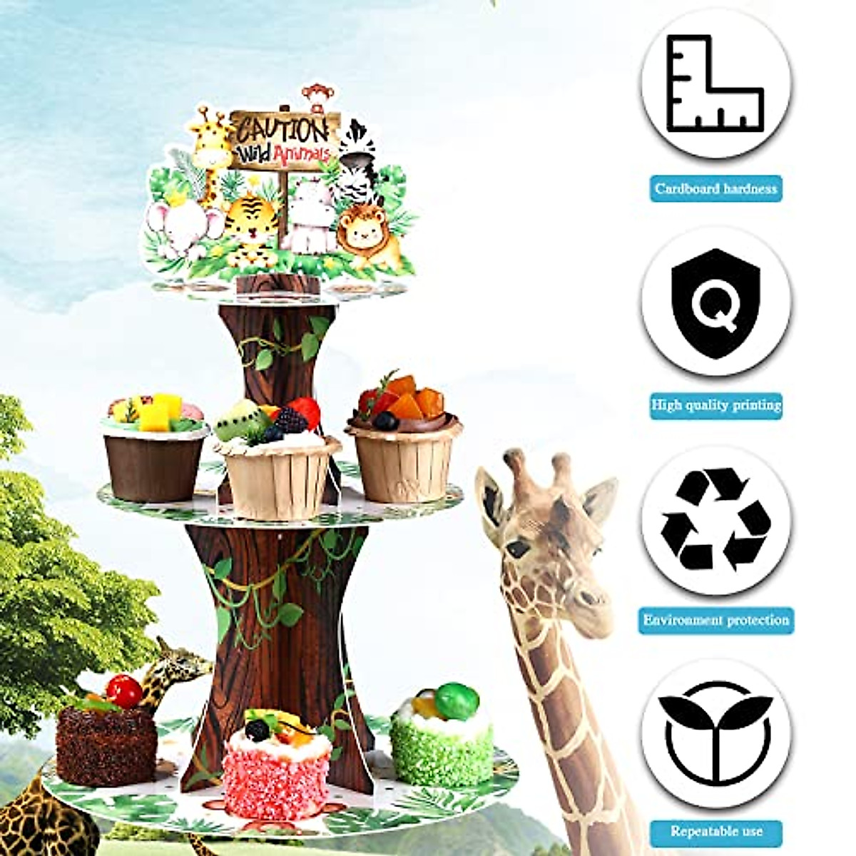 Safari Cupcake Sand 3 Tier Jungle Theme Baby Shower Decor Woodland Cupcake Holders Decorations Forest Wild Animals Theme Dessert Tower for Kids Birthday Party Supplies