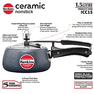 Hawkins 1.5 Litre Ceramic Nonstick Pressure Cooker, Induction Inner Lid Cooker, Granite Contura shaped Cooker, Best Cooker (ICC15)