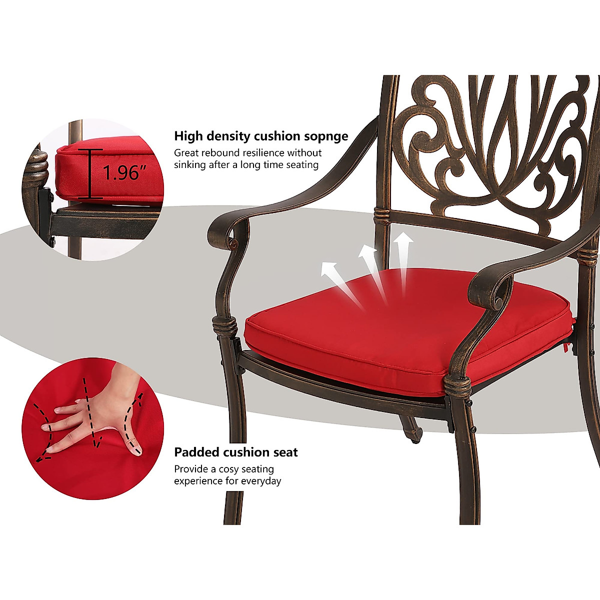 Grepatio 5 Piece Cast Aluminum Patio Dining Set Outdoor Furniture Set Patio Garden Set with 4 Ding Chairs, 4 Cushions and 35.4" Square Patio Table 2.4" Umbrella Hole, Antique Bronze (Red)