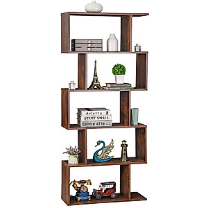 SUPER DEAL Wood Bookcase, 5-Tier Bookshelf Geometric S-Shaped Shelf with Anti Tipping Device, Narrow Storage Rack and Room Divider for Bedroom Living Room Home Office, 62 Inch Tall Rustic Brown